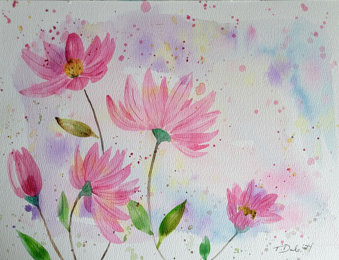 Watercolor Original Pink Flowers in the Breeze - Etsy