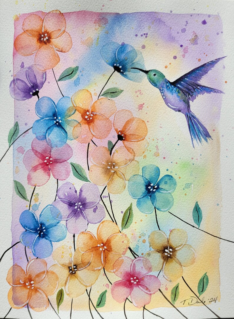 Watercolor Print Spring Flowers in the Wind With Hummingbird - Etsy