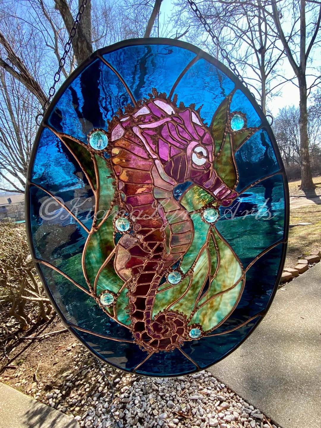 Spiny Seahorse Stained Glass Window Panel / 12x16 Oval / Sea / Ocean ...