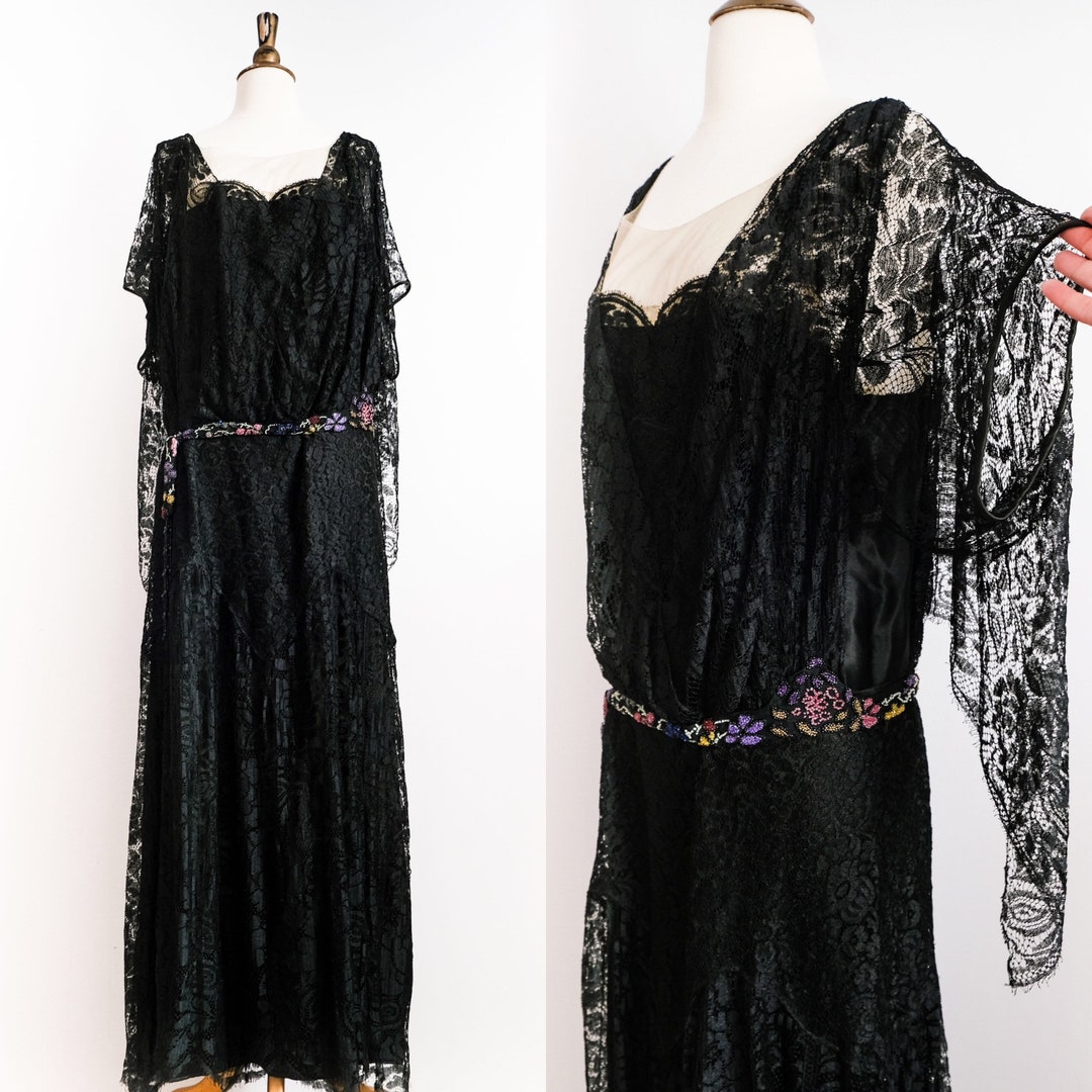 Antique 1920’s RARE Black Lace Flapper Dress With Beaded Tie Belt • S ...