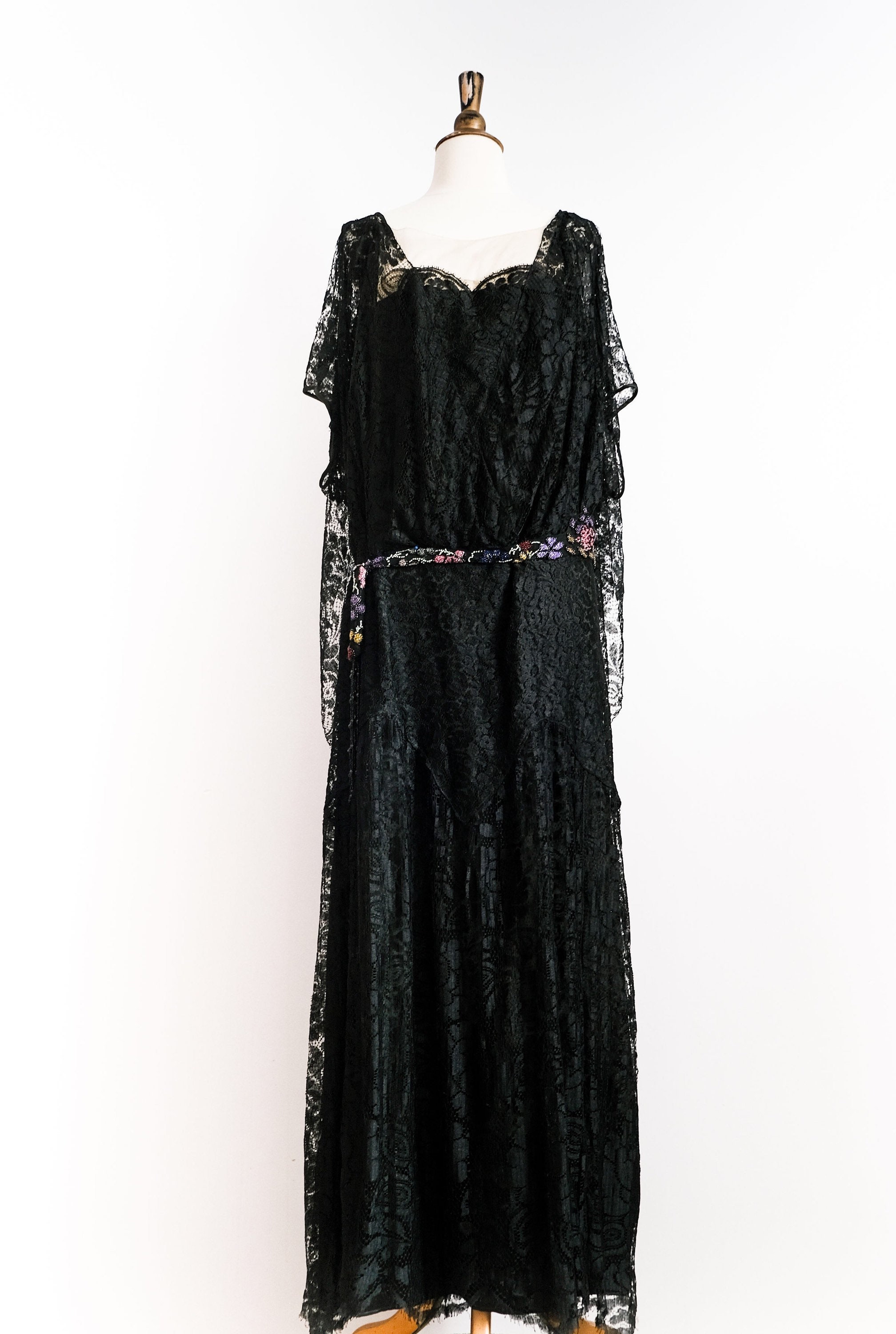 Antique 1920s RARE Black Lace Flapper Dress With Beaded Tie Belt S - Etsy
