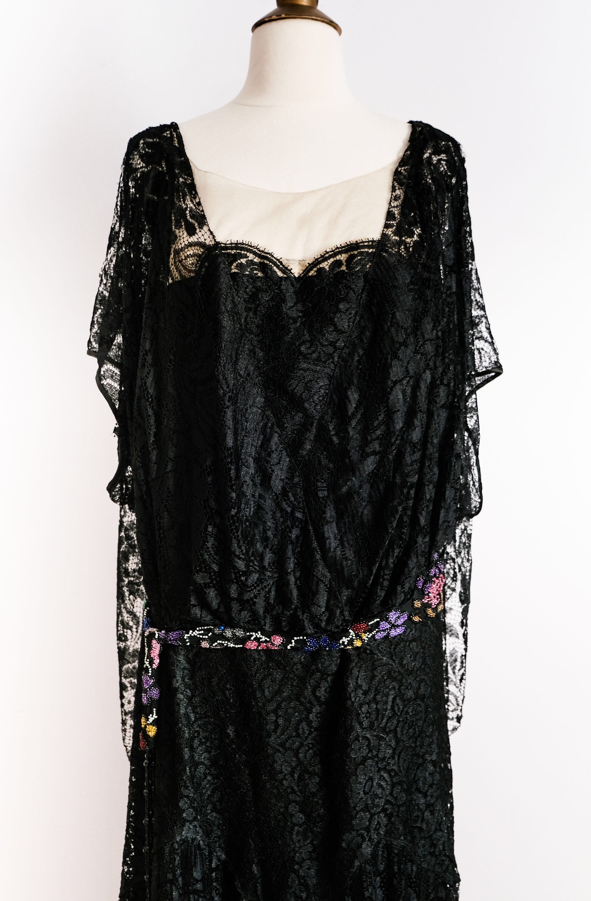 Antique 1920s RARE Black Lace Flapper Dress With Beaded Tie Belt S - Etsy