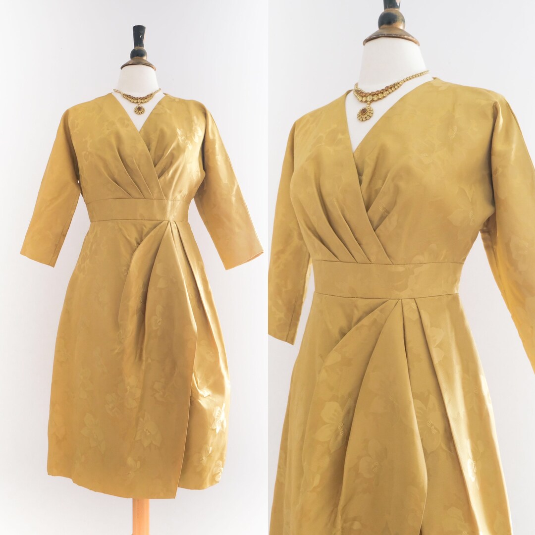 Vintage 1960s Gold Floral Satin Cocktail Dress S/M - Etsy