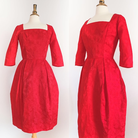 Vintage Late 50s/Early 60s Red Floral Satin Cocktail … - Gem
