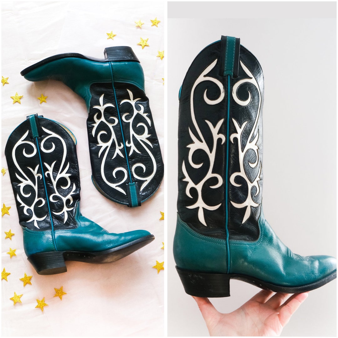 Vintage RARE Larry Mahan Teal and Black Western Cowboy Boots • Size 7C ...