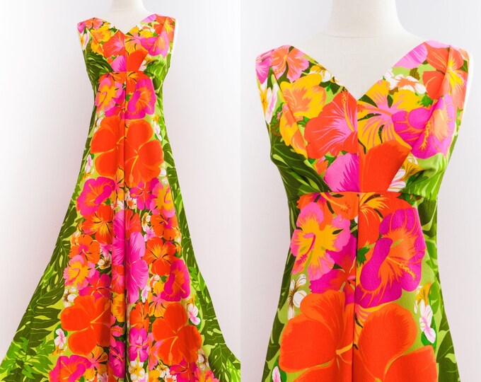 Vintage 1970s Floral Neon Hawaiian Barkcloth Maxi Dress • XS/S - Etsy