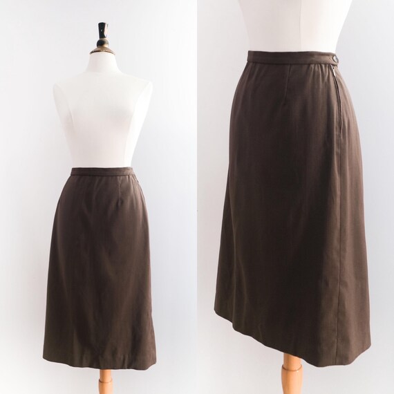 Vintage 1950s Brown Wool Pencil Skirt • M/L - Gem