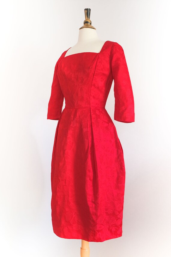 Vintage Late 50s/Early 60s Red Floral Satin Cocktail … - Gem