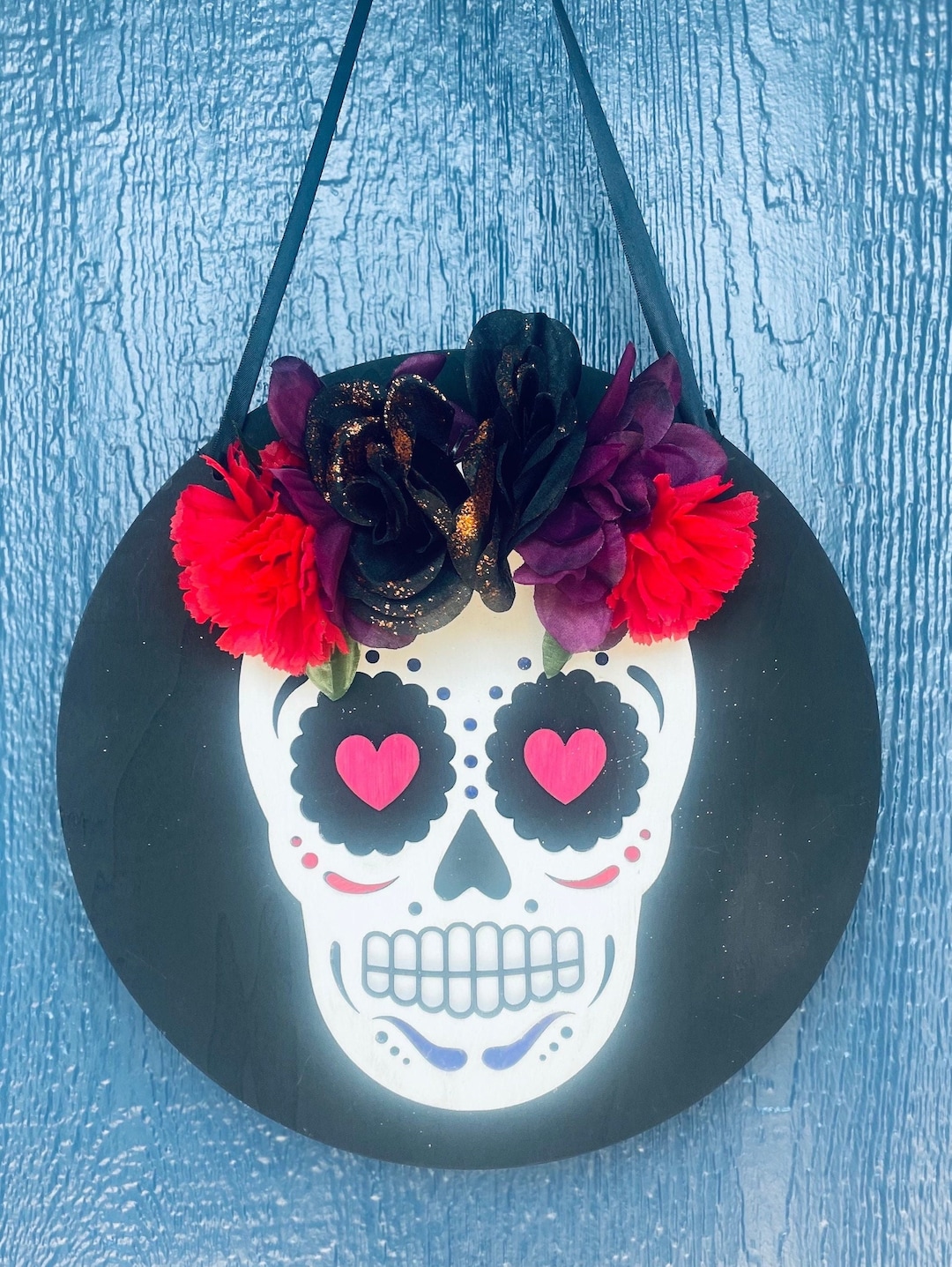 Dia De Los Muertos Sugar Skull Door Hanger, Wood Door Decor, Handmade ...