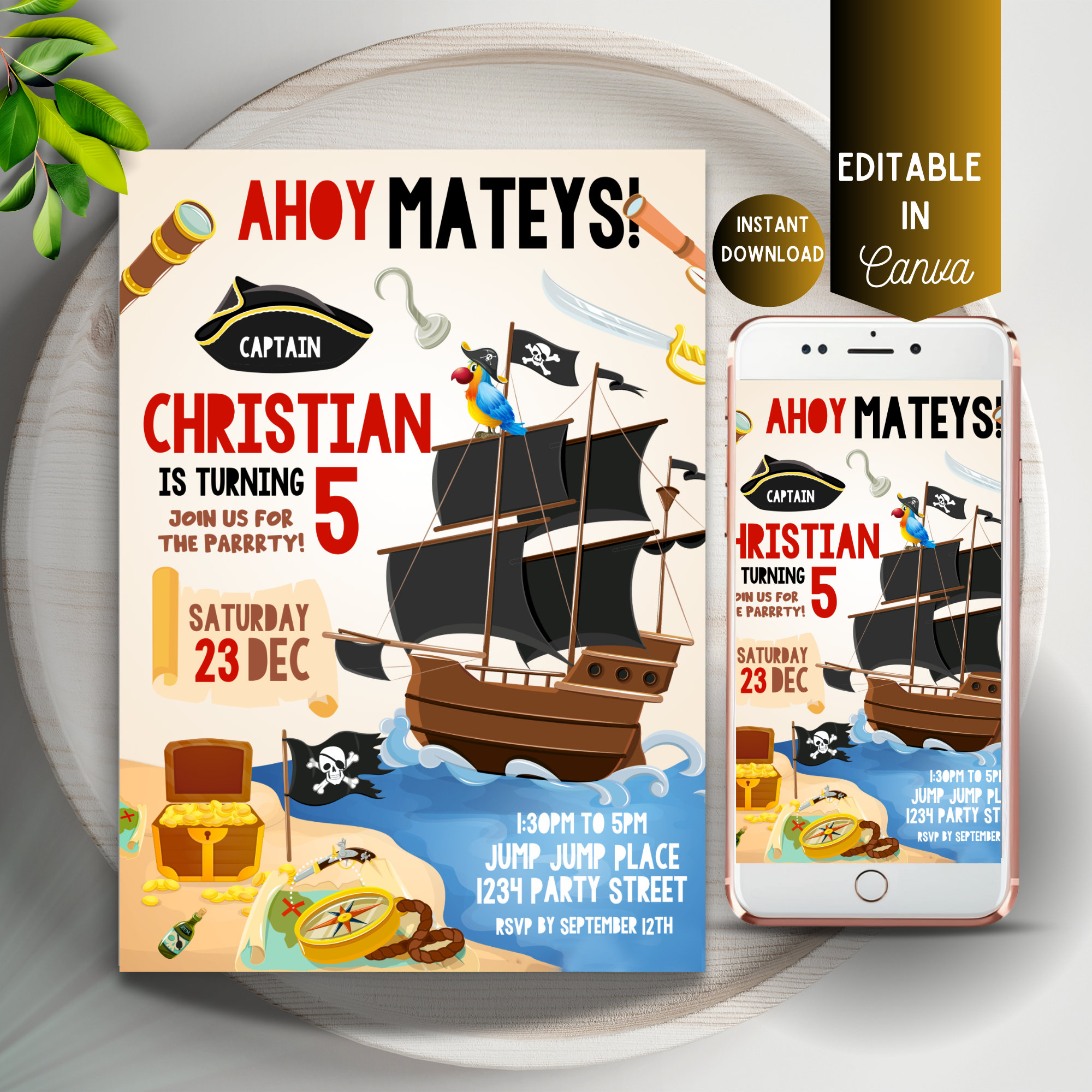 Editable Pirate Birthday Invitation Template: Canva, PDF (digital ...