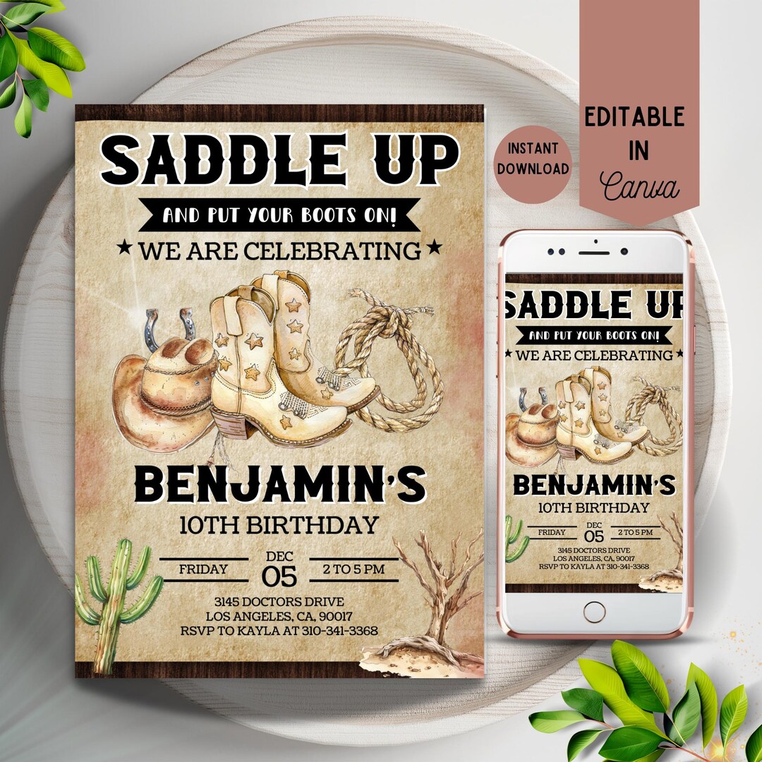 Editable Cowboys Birthday Invitation | Editable Template | Rustic Wood ...