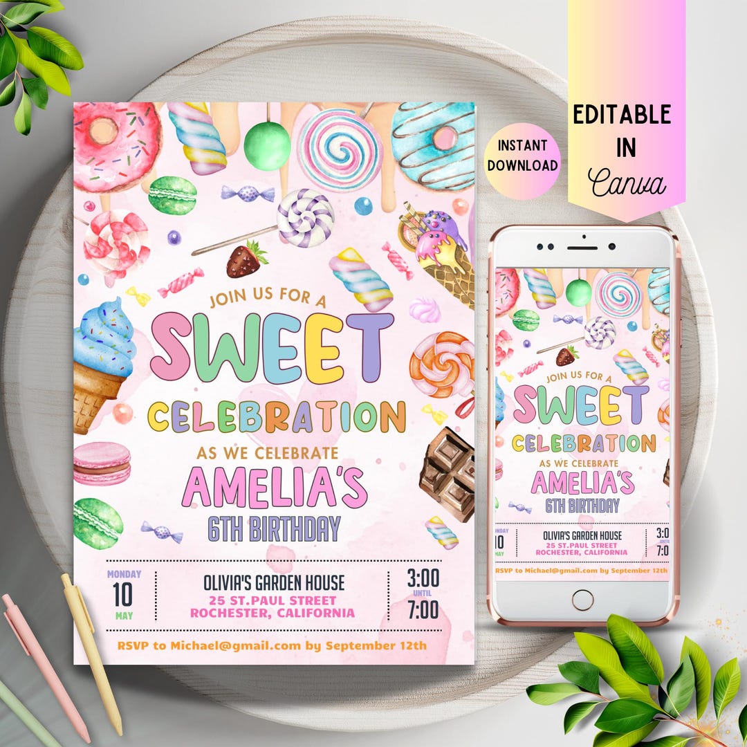EDITABLE Sweets Birthday Invitation | Editable Sweets Candy Invitation ...