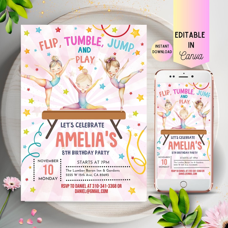 EDITABLE Gymnastics Birthday Invitation, Gymnastics Party Invitation ...