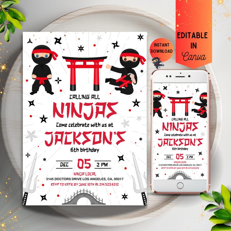 Editable Ninja Birthday Invite Template | Instant Download | Printable ...