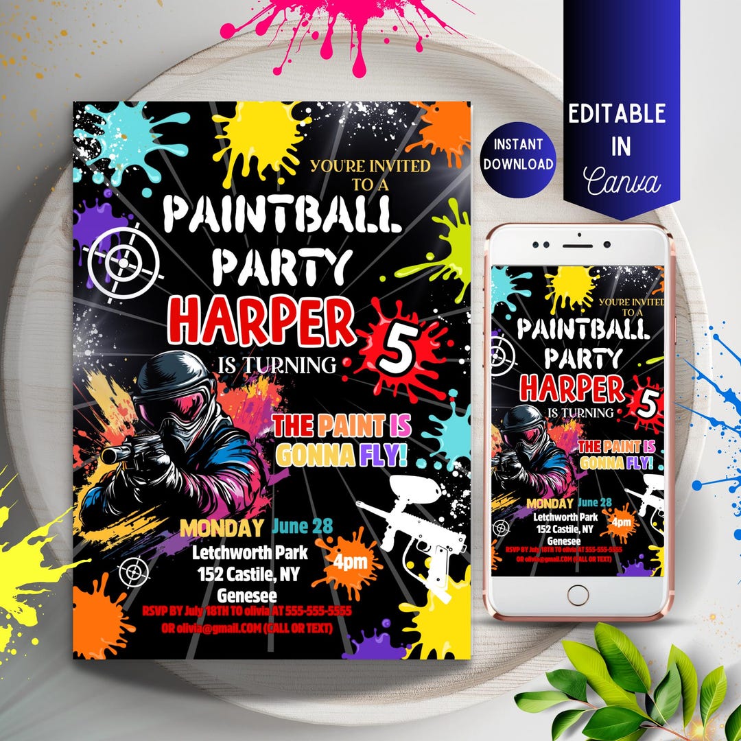 Paintball Birthday Party Invitation | Editable Canva Template (digital ...