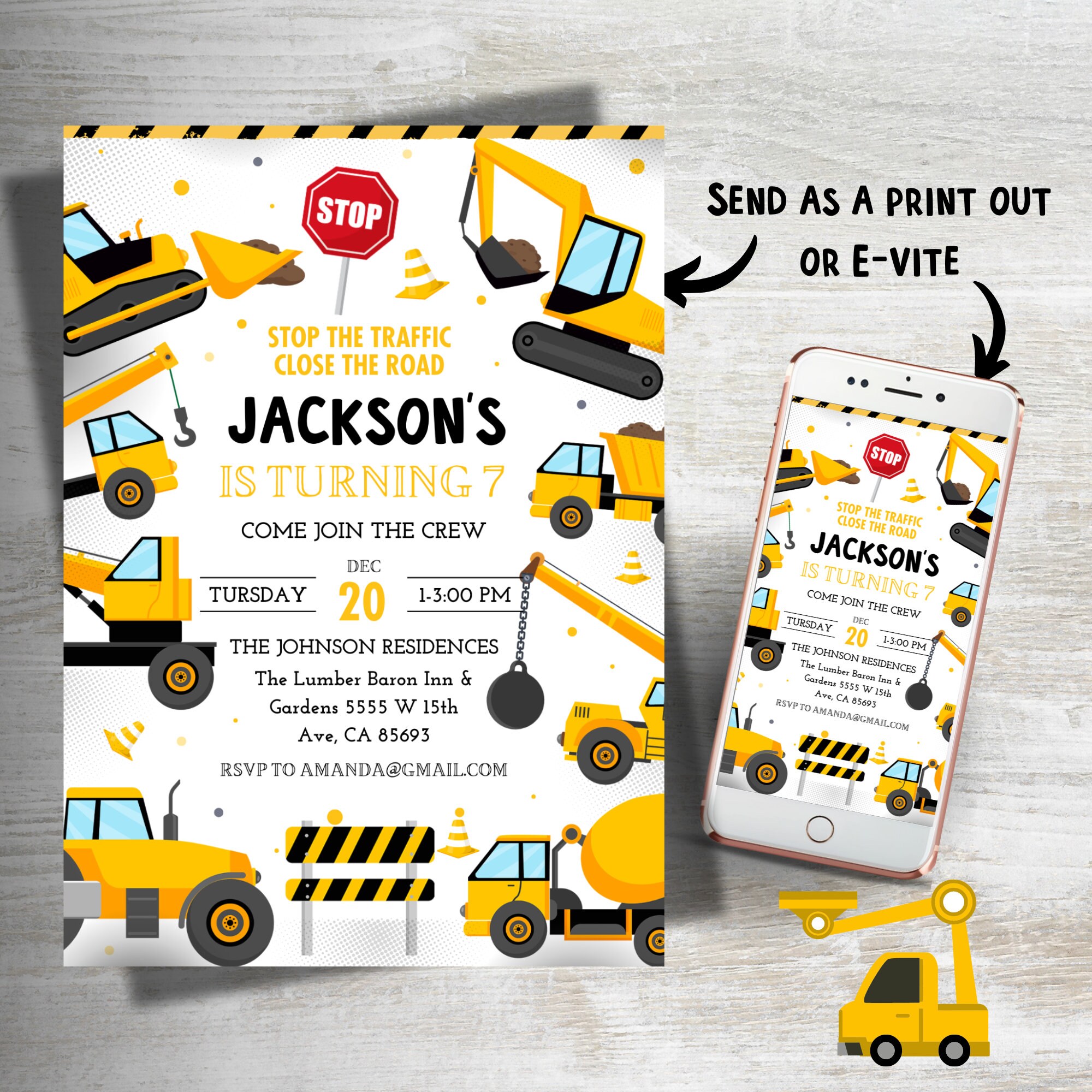 Editable Modern Construction Birthday Invitation, Dump Trucks Party ...