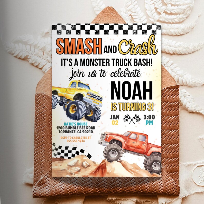 Editable Monster Truck Birthday Invite, Boy Birthday Invitation, Canva ...
