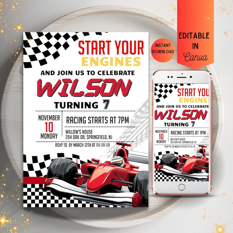 Race Car Birthday Invitation: Editable Canva Template (instant Download ...