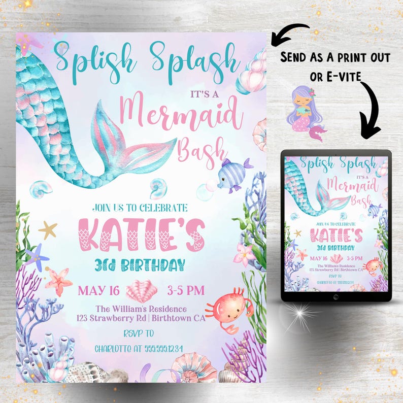 Editable Mermaid Birthday Invitation: Under the Sea Canva Template ...