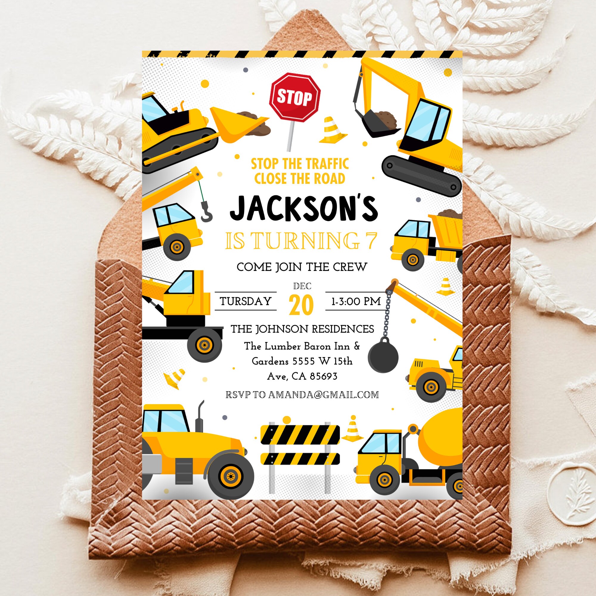 Editable Modern Construction Birthday Invitation, Dump Trucks Party ...