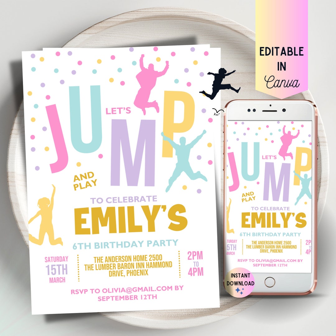 Editable Jump Birthday Invitation | Girls | Kids Birthday Party ...