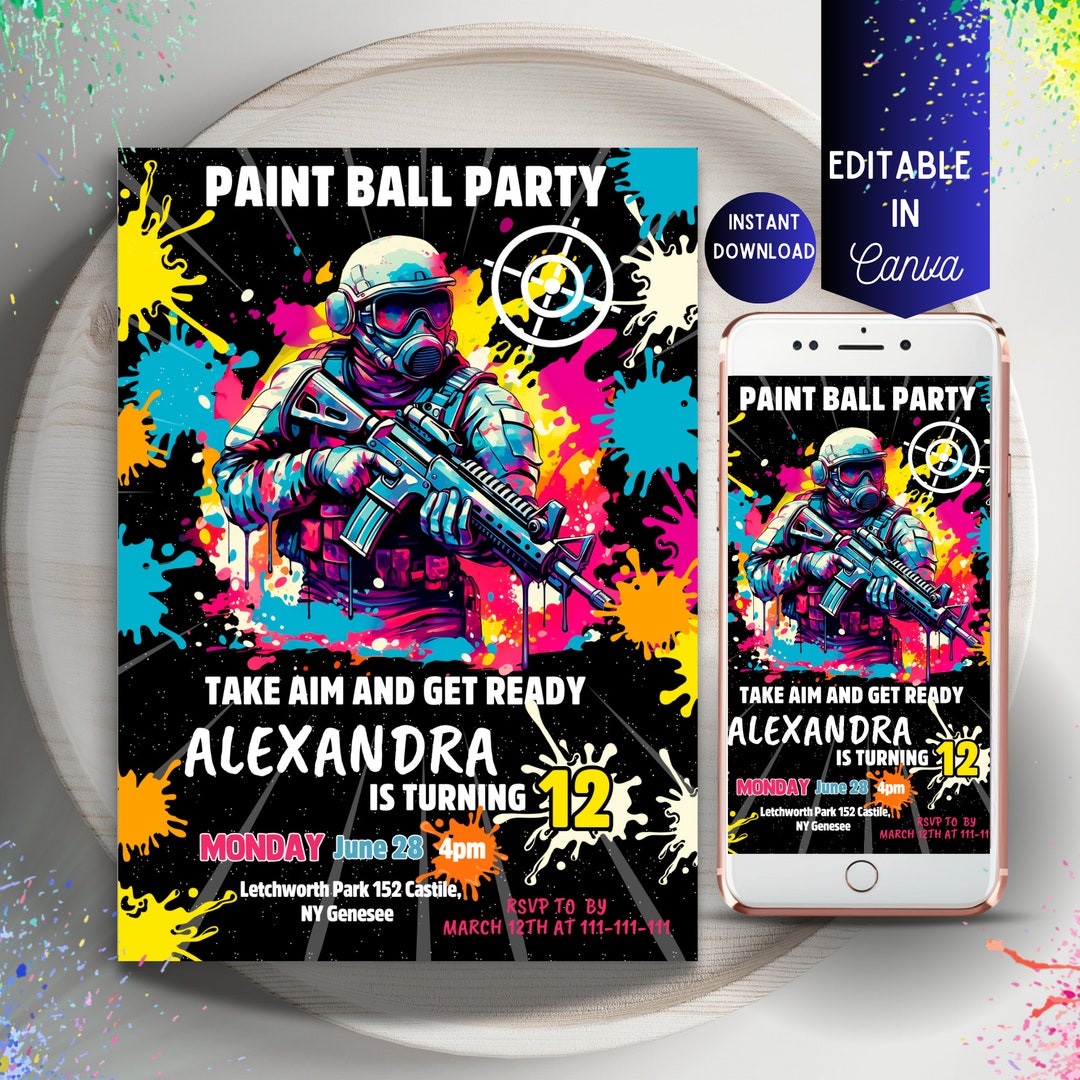 EDITABLE Paintball Party Invite | Paintball Party Invitation ...