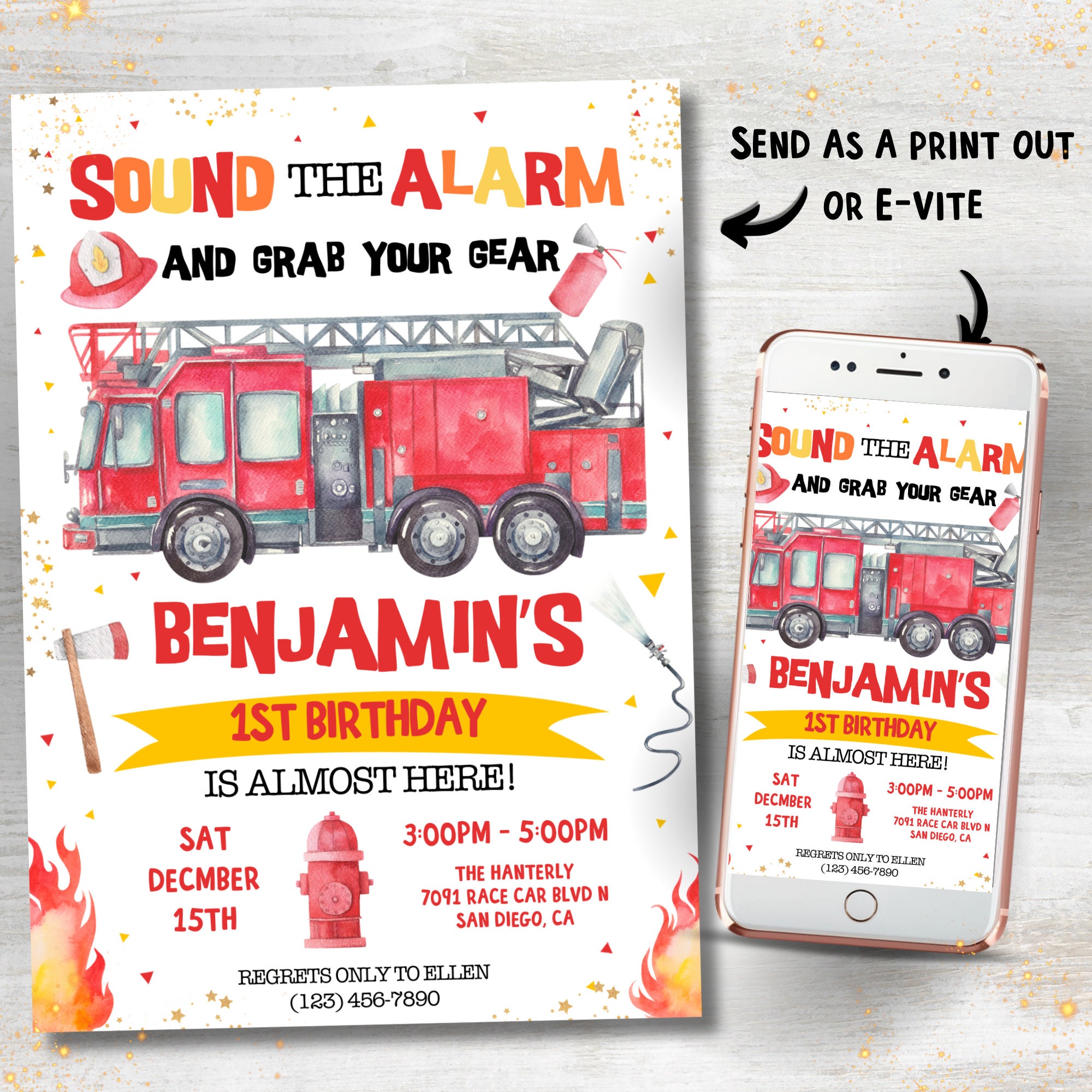 Fire Truck Birthday Invitation: Editable Canva Template (digital ...
