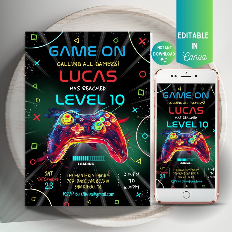 Editable Video Game Party Invitation, Level up Birthday Invite, Gamer ...