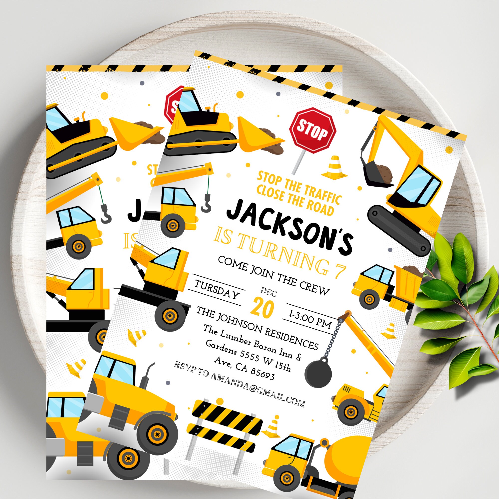 Editable Modern Construction Birthday Invitation, Dump Trucks Party ...