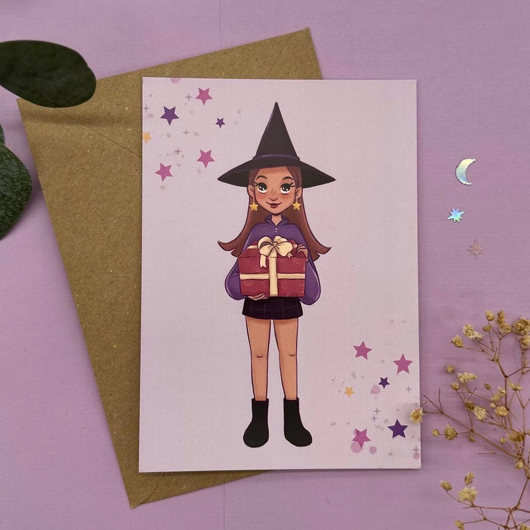 Witch's Birthday Card - Magical Postcard in Purple | Gift for Wizards ...