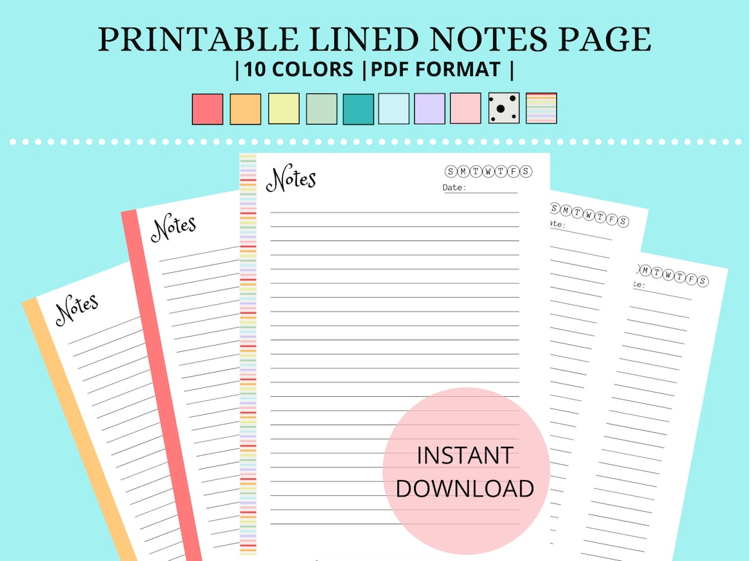 Colorful Printable Lined Notes, Printable Notes Page/sheet, Notes ...