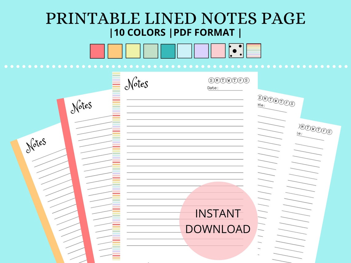 Colorful Printable Lined Notes, Printable Notes Page/sheet, Notes ...