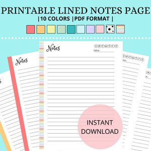 Colorful Printable Lined Notes, Printable Notes Page/sheet, Notes ...