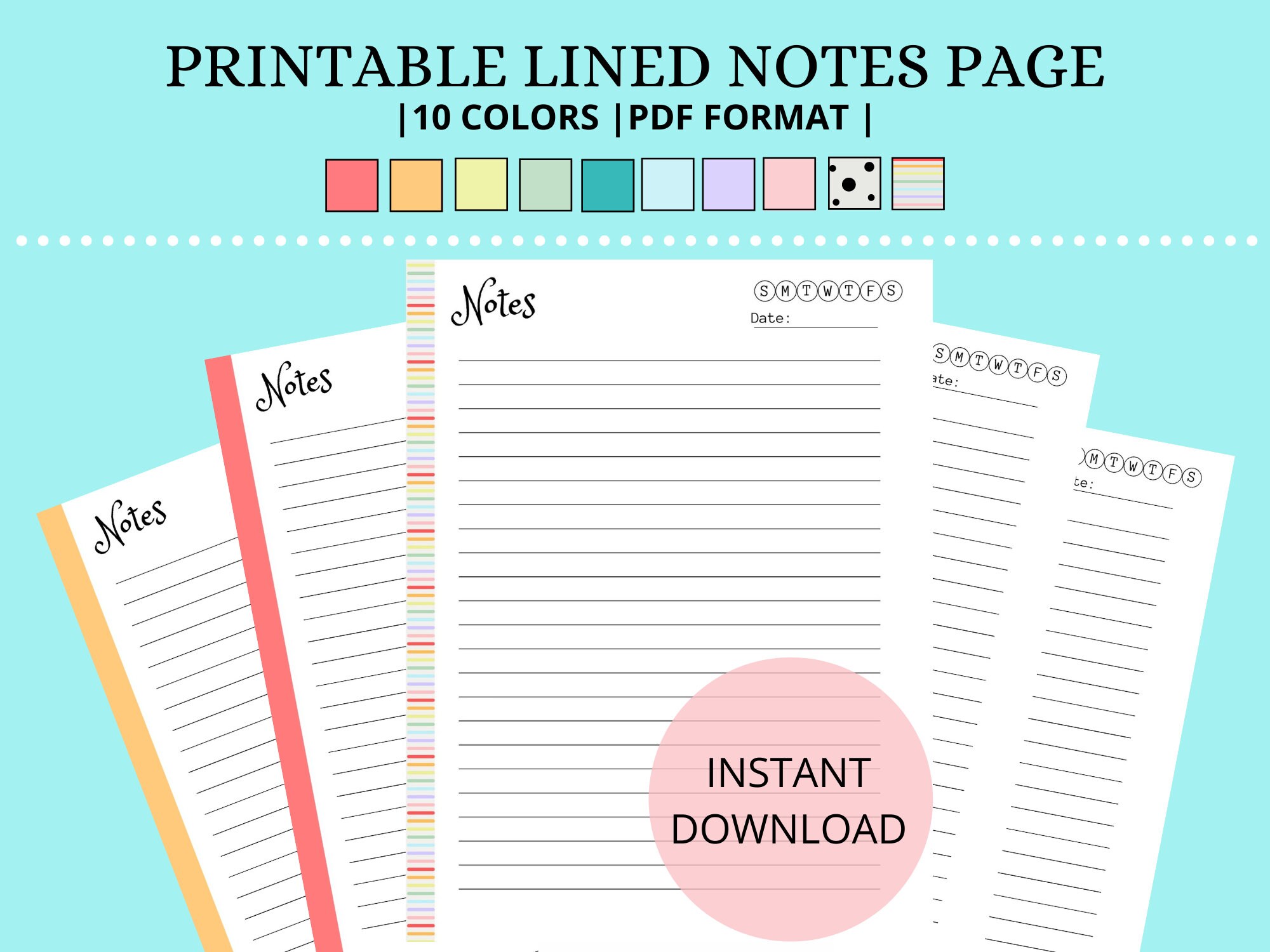 Colorful Printable Lined Notes, Printable Notes Page/sheet, Notes ...