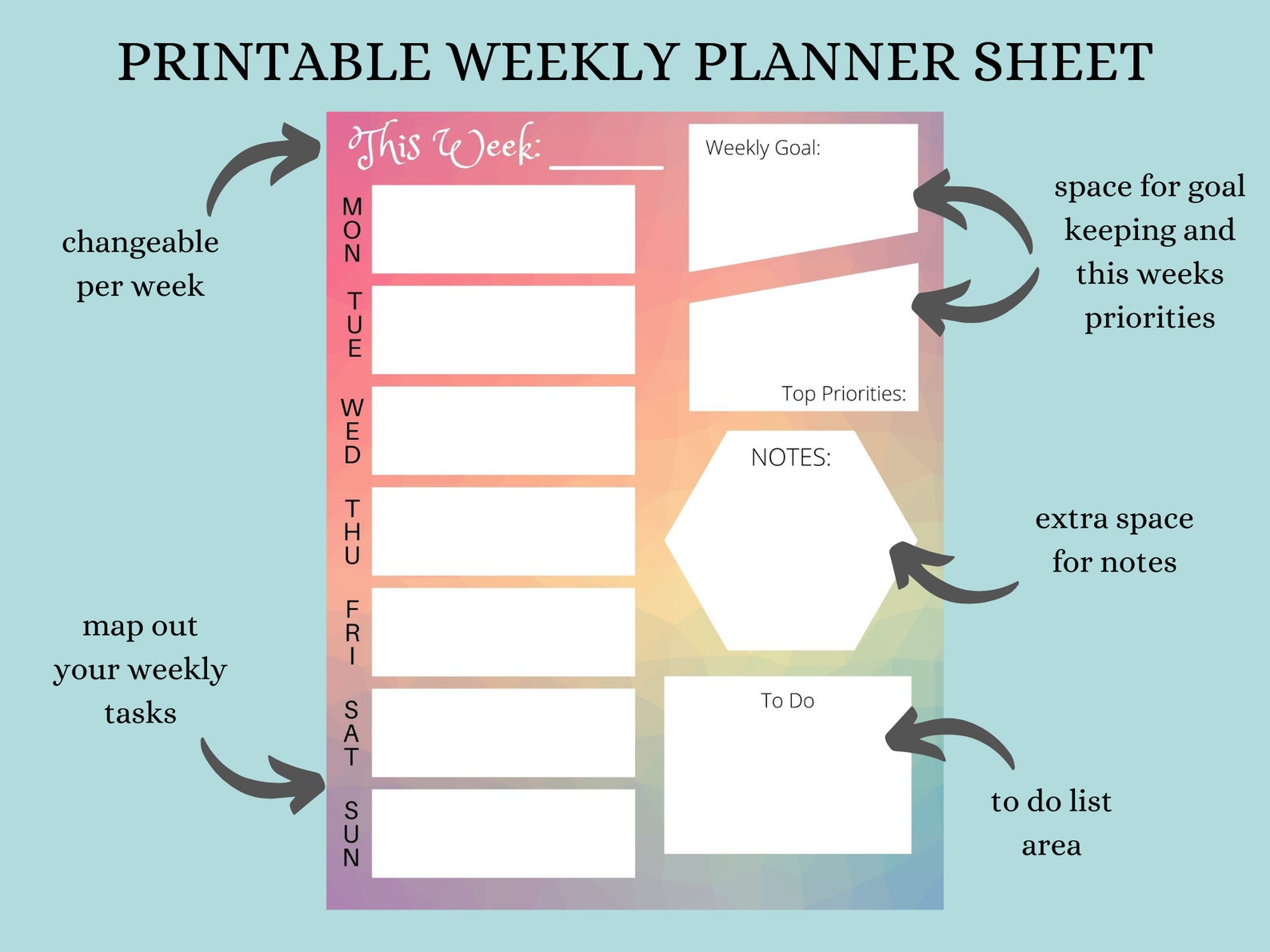 Rainbow Printable Weekly Planner Sheet, Weekly Agenda/schedule, to Do ...