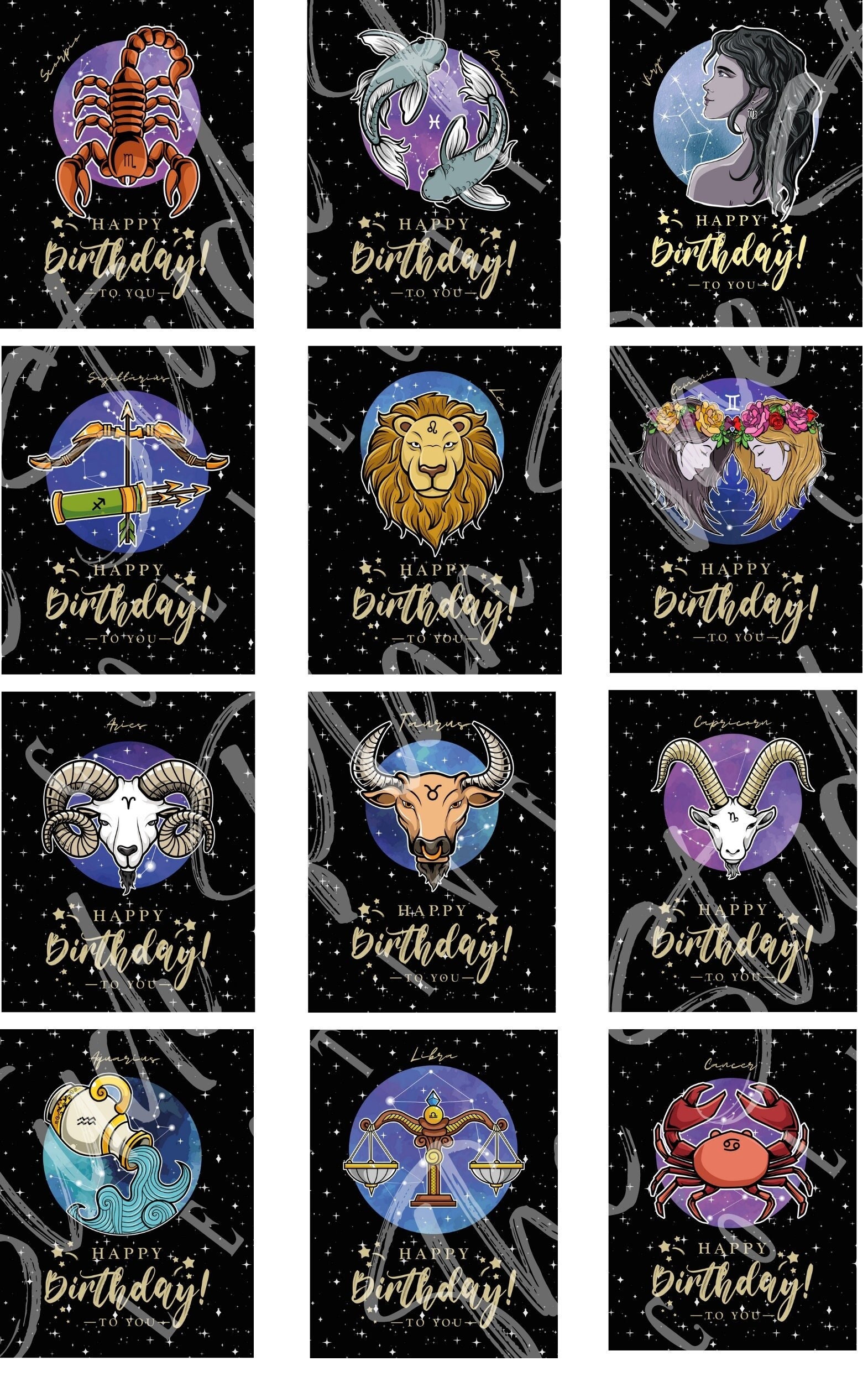 12 Zodiac Constellation Birthday Card Set or Individual Cards ...