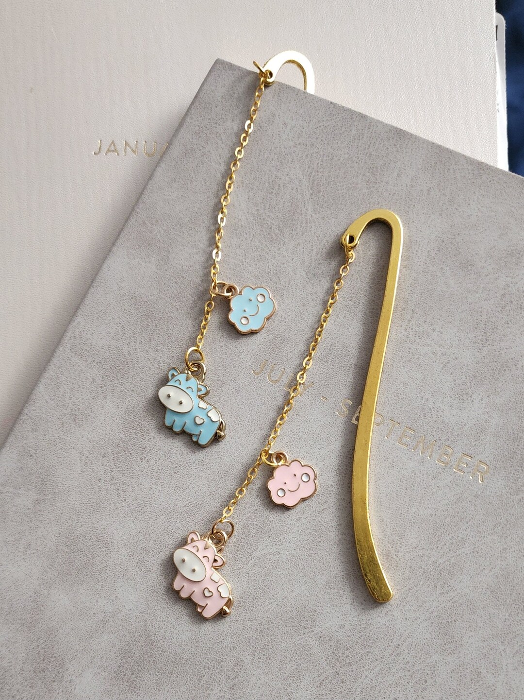 Adorable Pink and Blue Cow Charm Gold Metal Bookmark - 3-inch Marking ...
