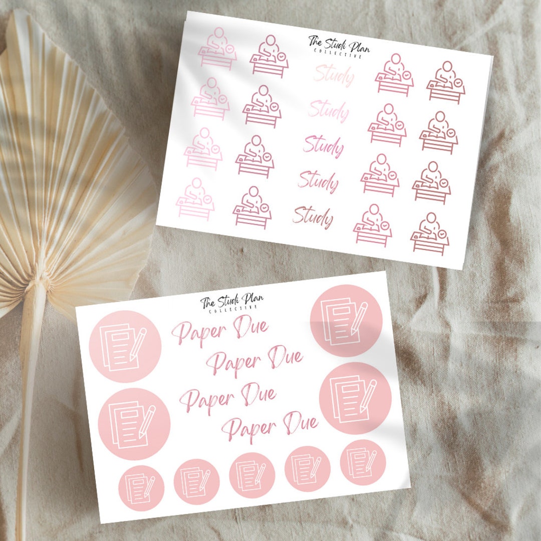 Set of 2 Pink School Icons Paper Due and Study Reminder matte Sticker ...