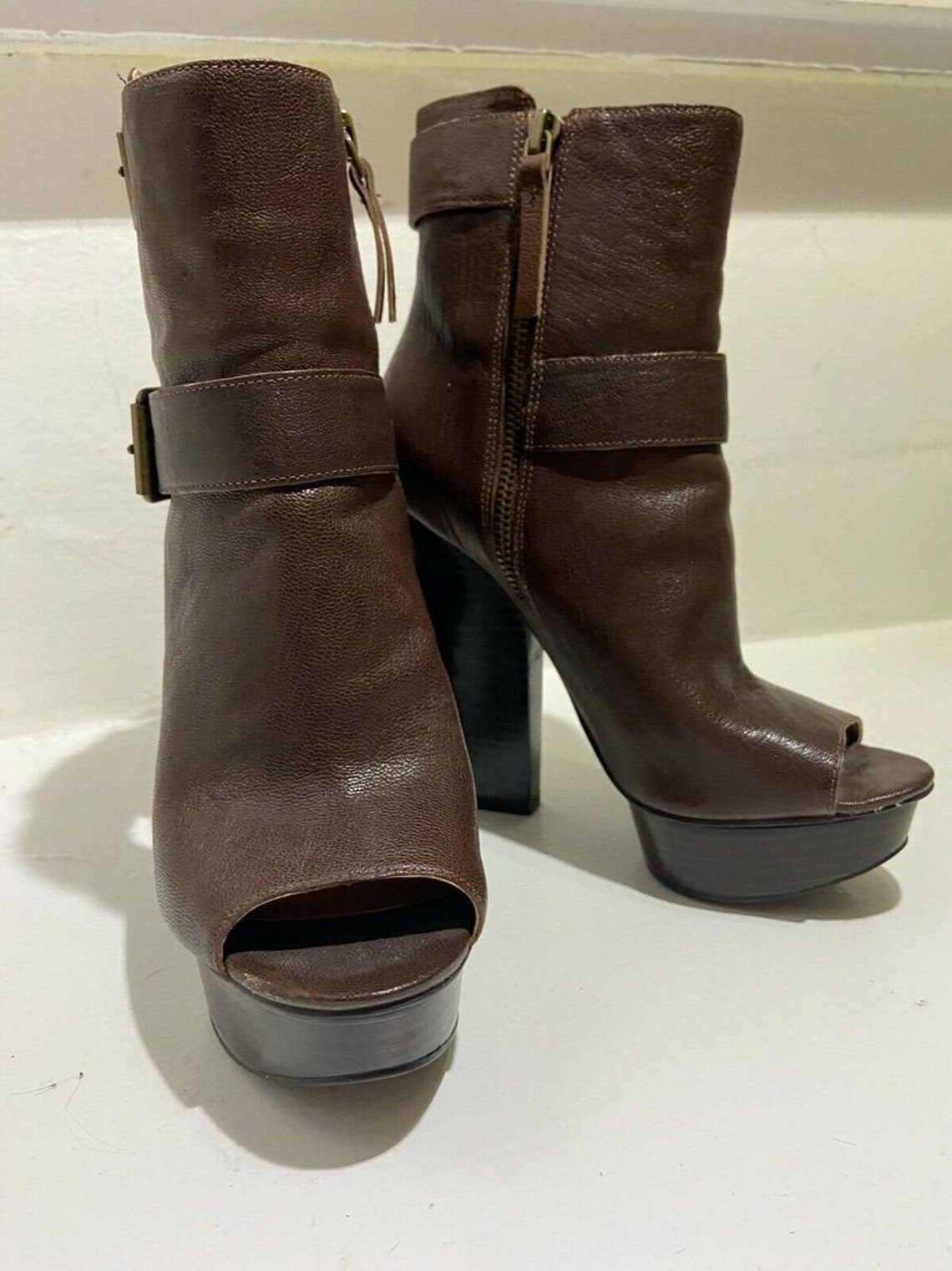 Women's Brown Nine West Peep Toe Booties Size: 6.5 | Etsy