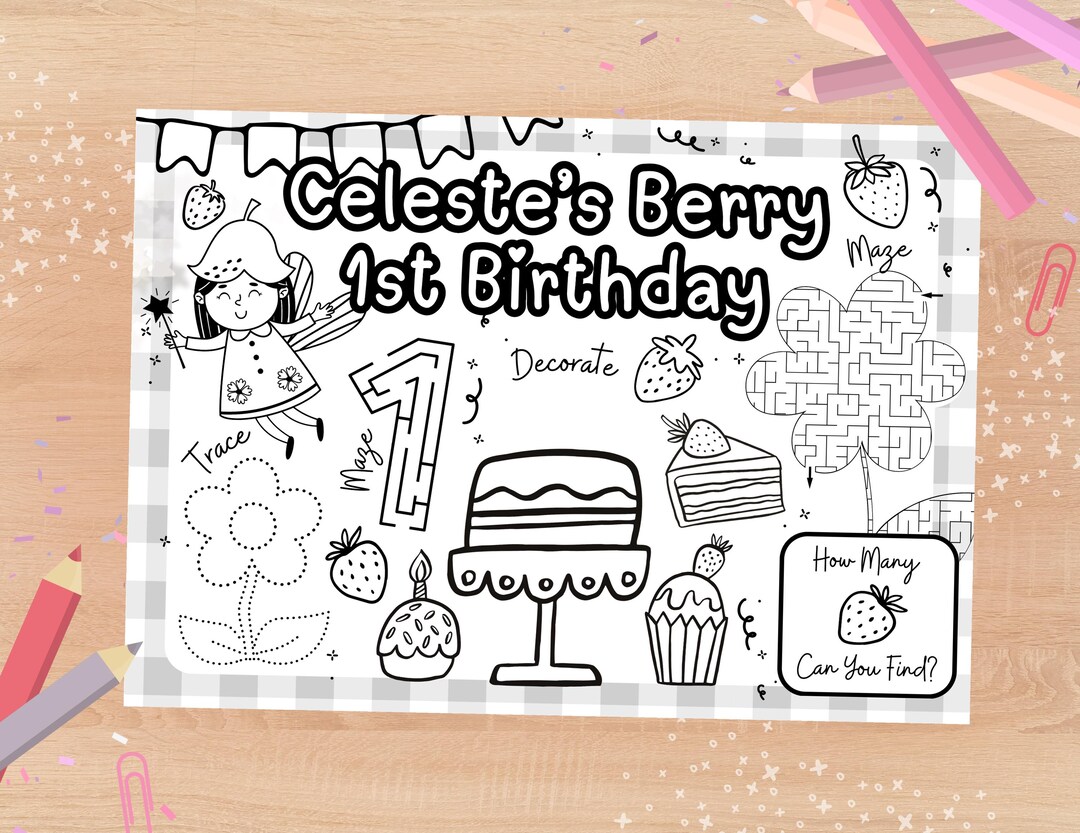 Berry First Birthday Party Activity Placemat! | Editable Custom ...