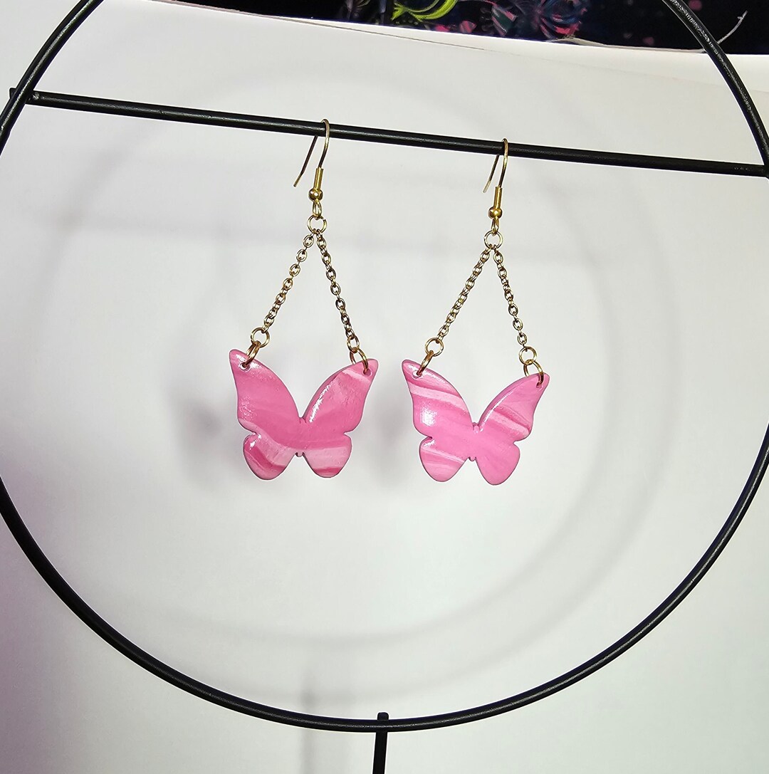 Hot Pink Marble Butterfly Polymer Clay Earrings - Etsy