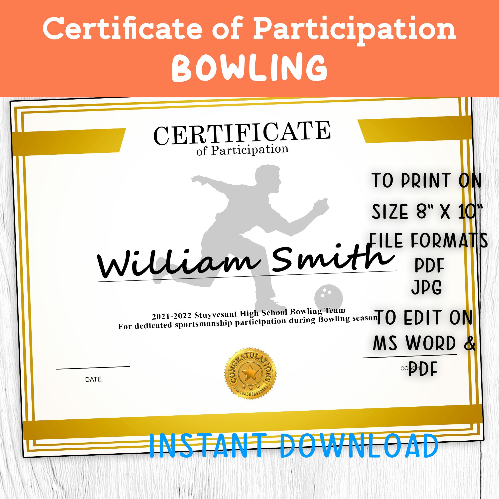 DIY Editable and Printable Sports Certificate Template Bowling ...
