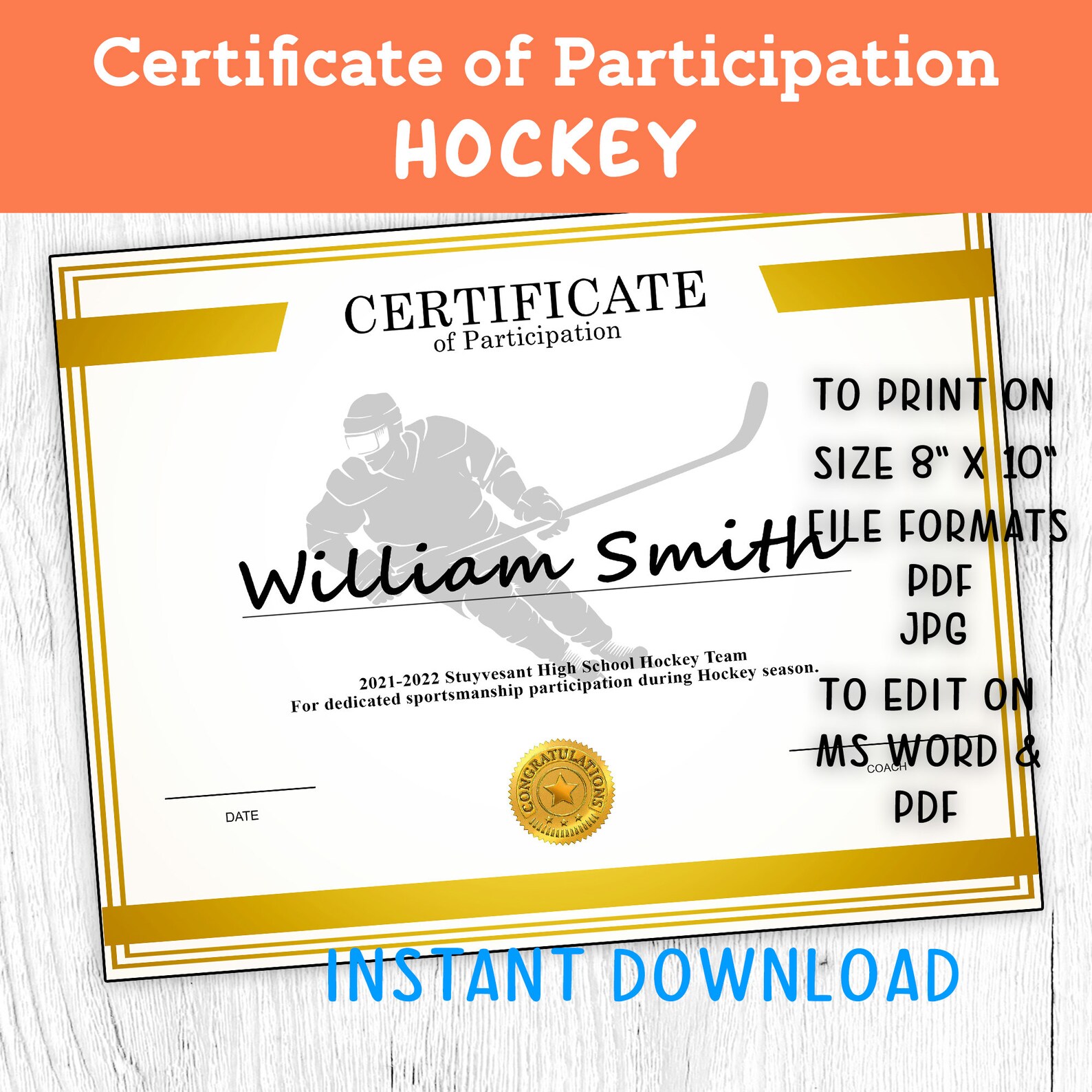 DIY Editable and Printable Sports Certificate Template Hockey ...