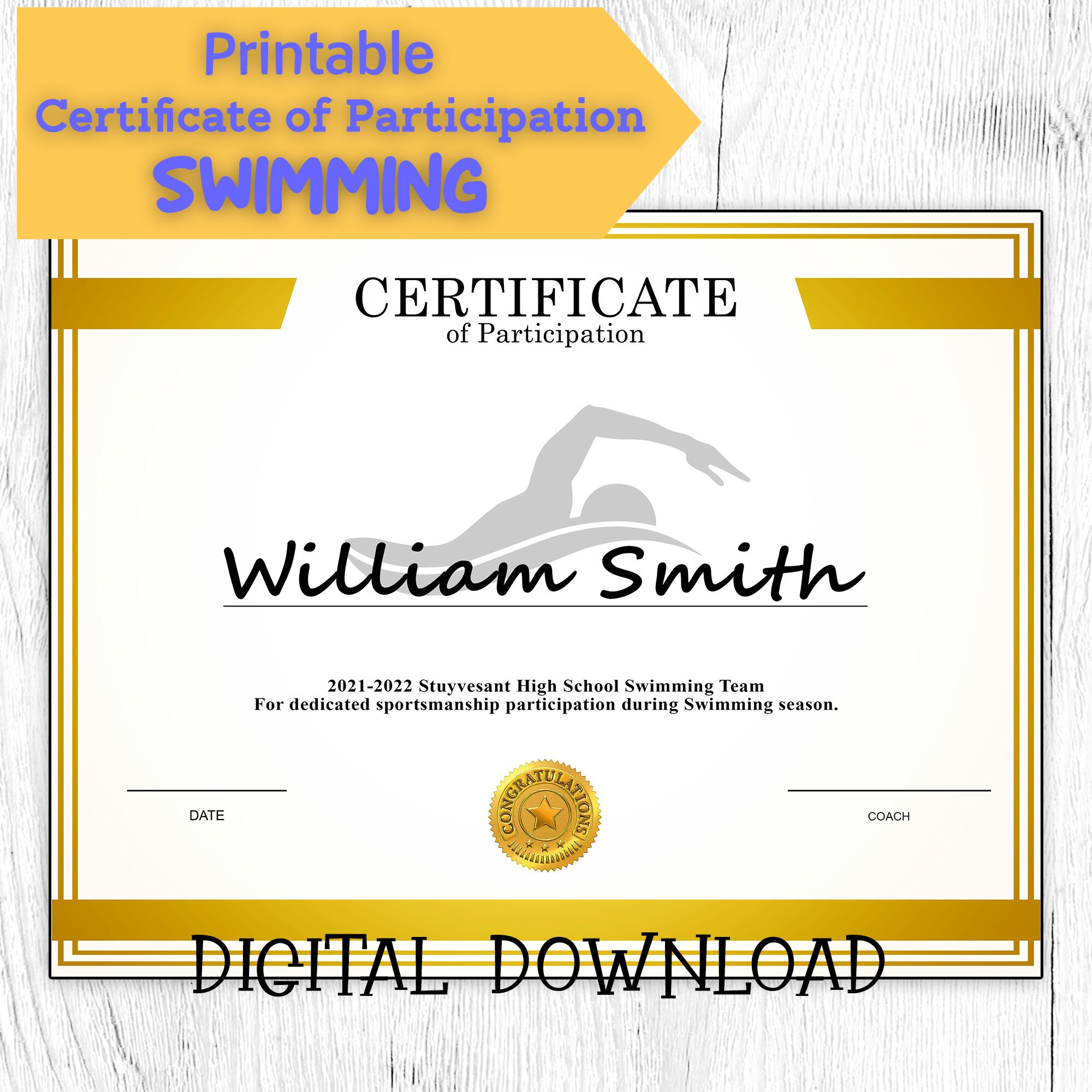 DIY Editable and Printable Sports Certificate Template Swimming ...