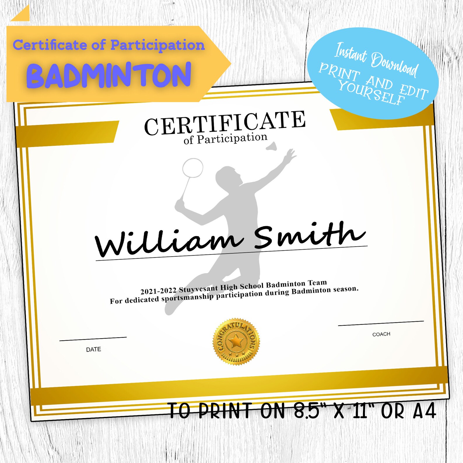 DIY Editable and Printable Sports Certificate Template Badminton ...