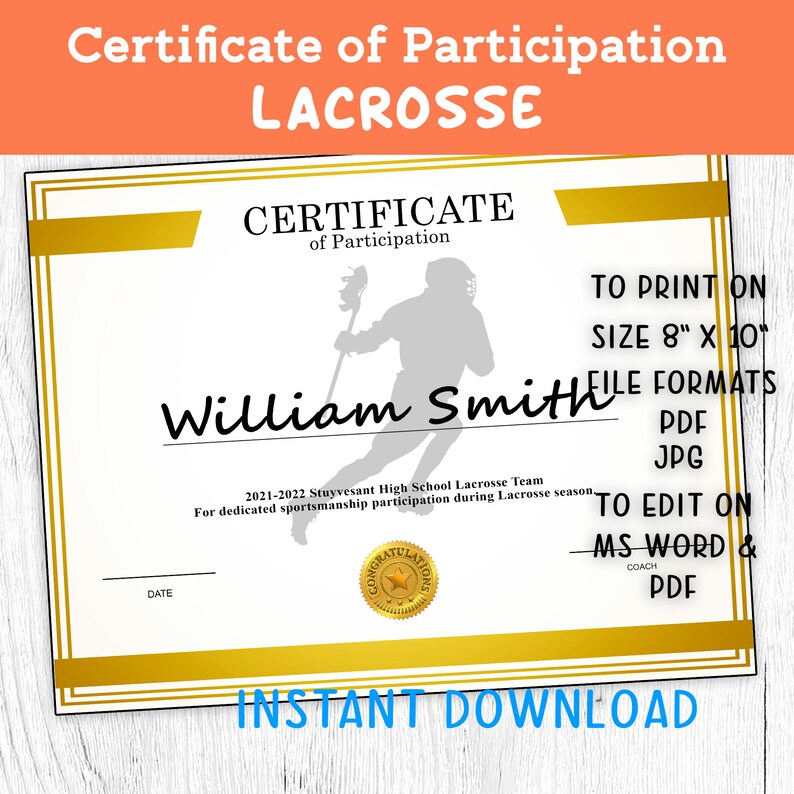DIY Editable and Printable Sports Certificate Template Lacrosse ...