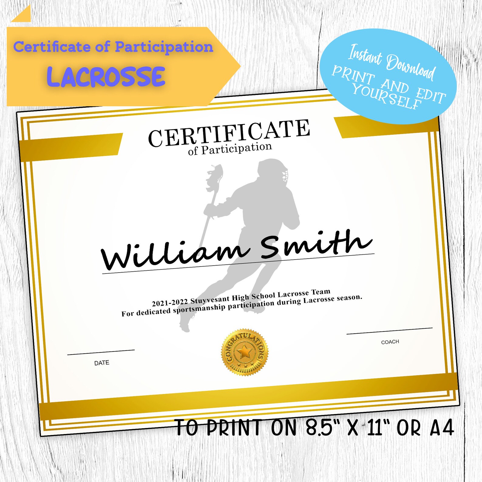 DIY Editable and Printable Sports Certificate Template Lacrosse ...