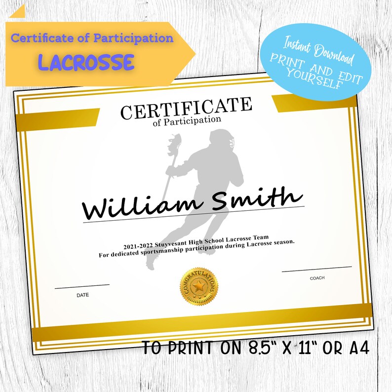 DIY Editable and Printable Sports Certificate Template Lacrosse ...
