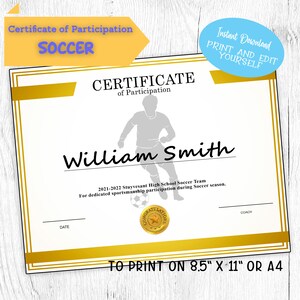 DIY Editable and Printable Sports Certificate Template Soccer ...