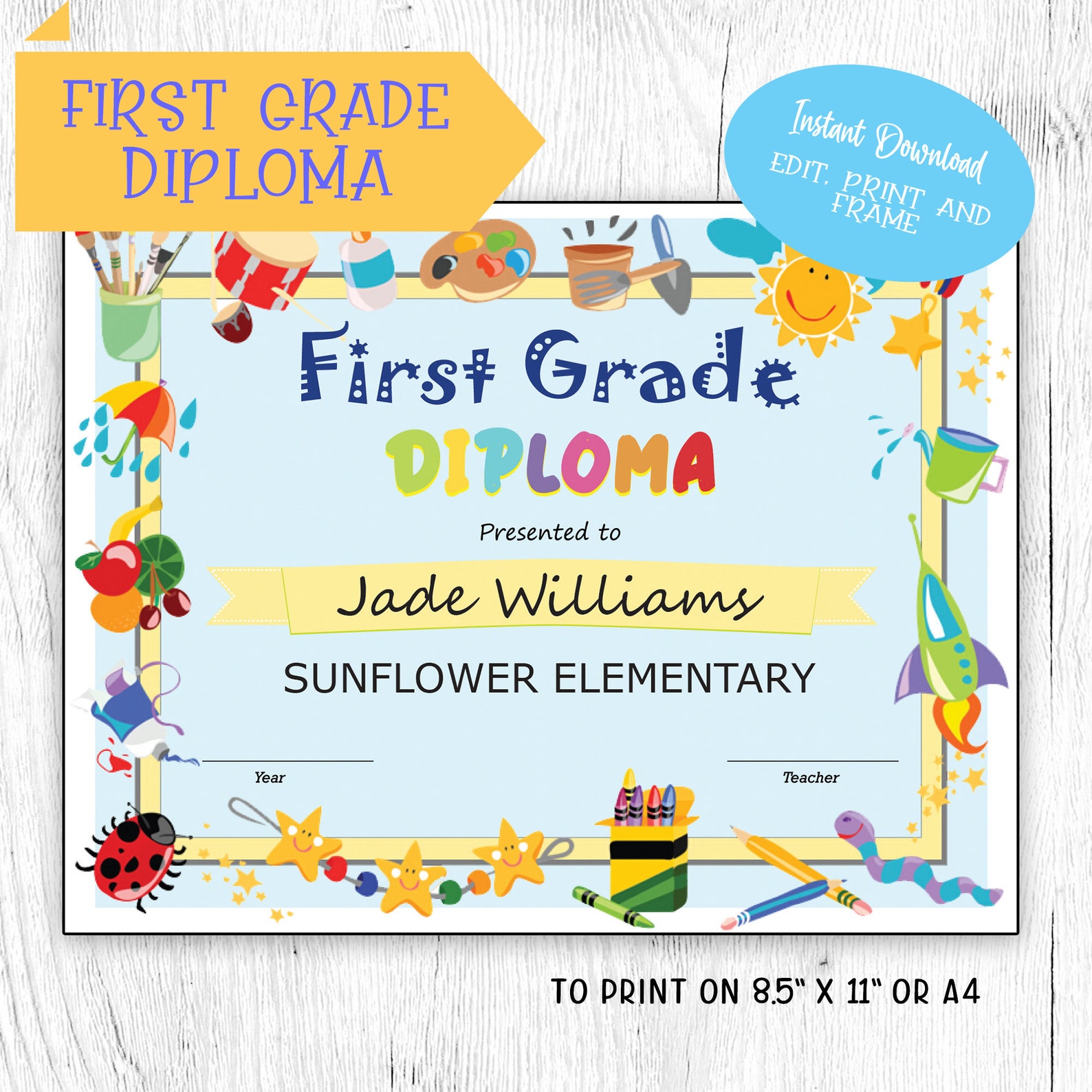 First Grade Diploma Printable & Editable DIY Certificate Diploma ...